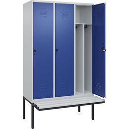 C+P Schwarz-Weiß-Spind Classic PLUS Sitzbank, schmal, 3 Abteile, Trennwand verkürzt, lichtgrau / enzianblau, B 1200 mm, Sicherheits-Drehriegel, auskragend, Kunststoff