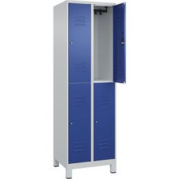 C+P Doppelstock-Spind Classic PLUS, 2 Abteile, lichtgrau / enzianblau, HxB 1950 x 600 mm, mit Füßen, Zylinderschloss