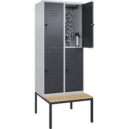C+P Doppelstock-Spind Classic PLUS Sitzbank, 2 Abteile, lichtgrau / grau, B 800 mm, Sicherheits-Drehriegel, untergebaut, Buche-Hartholz