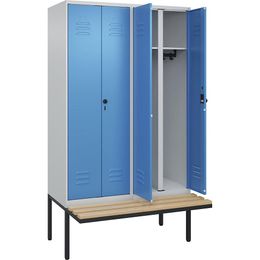 C+P Schwarz-Weiß-Spind Classic PLUS Sitzbank, 2 Abteile, lichtgrau / lichtblau, B 1200 mm, Sicherheits-Drehriegel, auskragend, Buche-Hartholz