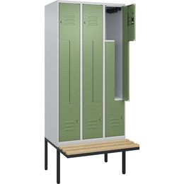 C+P Z-Spind Classic PLUS Sitzbank, 3 Abteile, lichtgrau / resedagrün, B 900 mm, Zylinderschloss, auskragend, Buche-Hartholz