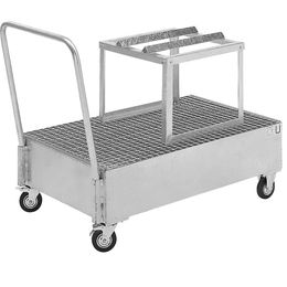 eurokraft basic Fahrbare Auffangwanne aus Stahlblech, LxB 1200 x 800 mm, 1 x 200-l-Fass liegend, feuerverzinkt
