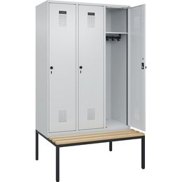 Spind Evolo PLUS Sitzbank, 3 Abteile, lichtgrau / lichtgrau, B 1200 mm, Sicherheits-Drehriegel, mit untergebauter Sitzbank, Buche kaiserkraft