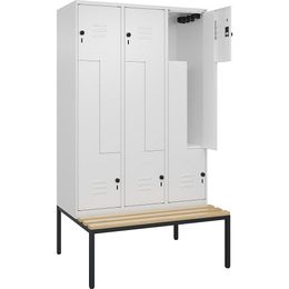 C+P Z-Spind Classic PLUS Sitzbank, 3 Abteile, verkehrsweiß, B 1200 mm, Sicherheits-Drehriegel, untergebaut, Buche-Hartholz