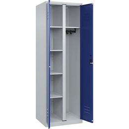 C+P Putzmittelspind Classic PLUS, 1 Abteil, Trennwand mittig, lichtgrau / enzianblau, B 600 mm, mit Bodengleitern, Zylinderschloss