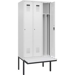 Schwarz-Weiß-Spind Evolo PLUS Sitzbank, schmal, 3 Abteile, Trennwand verkürzt, weiß, B 900 mm, Zylinderschloss, mit auskragender Sitzbank, Kunststoff kaiserkraft