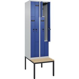 Z-Spind Evolo PLUS Sitzbank, 2 Abteile, lichtgrau / enzianblau, B 600 mm, Sicherheits-Drehriegel, mit untergebauter Sitzbank, Buche kaiserkraft