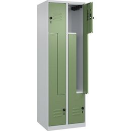 C+P Z-Spind Classic PLUS, 2 Abteile, lichtgrau / resedagrün, B 600 mm, mit Bodengleitern, Drehriegel