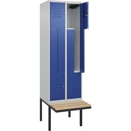 C+P Z-Spind Classic PLUS Sitzbank, 2 Abteile, lichtgrau / enzianblau, B 600 mm, Zylinderschloss, auskragend, Buche-Hartholz