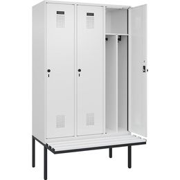 Schwarz-Weiß-Spind Evolo PLUS Sitzbank, schmal, 3 Abteile, Trennwand verkürzt, weiß, B 1200 mm, Sicherheits-Drehriegel, mit auskragender Sitzbank, Kunststoff kaiserkraft
