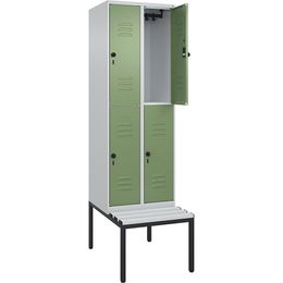 C+P Doppelstock-Spind Classic PLUS Sitzbank, 2 Abteile, lichtgrau / resedagrün, B 600 mm, Sicherheits-Drehriegel, untergebaut, Kunststoff