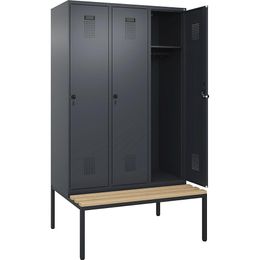 Spind Evolo PLUS Sitzbank, 3 Abteile, grau, B 1200 mm, Sicherheits-Drehriegel, mit untergebauter Sitzbank, Buche kaiserkraft