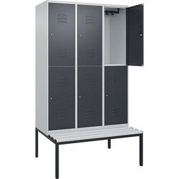 C+P Doppelstock-Spind Classic PLUS Sitzbank, 3 Abteile, lichtgrau / grau, B 1200 mm, Zylinderschloss, untergebaut, Kunststoff