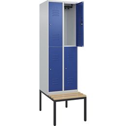 C+P Doppelstock-Spind Classic PLUS Sitzbank, 2 Abteile, lichtgrau / enzianblau, B 600 mm, Zylinderschloss, untergebaut, Buche-Hartholz