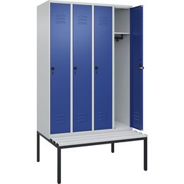 C+P Spind Classic PLUS Sitzbank, 4 Abteile, lichtgrau / enzianblau, B 1200 mm, Sicherheits-Drehriegel, untergebaut, Kunststoff