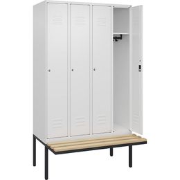 C+P Spind Classic PLUS Sitzbank, 4 Abteile, verkehrsweiß, B 1200 mm, Zylinderschloss, auskragend, Buche-Hartholz