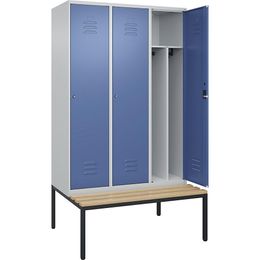 C+P Schwarz-Weiß-Spind Classic PLUS Sitzbank, schmal, 3 Abteile, Trennwand verkürzt, lichtgrau / fernblau, B 1200 mm, Zylinderschloss, untergebaut, Buche-Hartholz