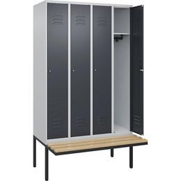 C+P Spind Classic PLUS Sitzbank, 4 Abteile, lichtgrau / grau, B 1200 mm, Zylinderschloss, auskragend, Buche-Hartholz