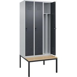 C+P Schwarz-Weiß-Spind Classic PLUS Sitzbank, schmal, 3 Abteile, Trennwand verkürzt, lichtgrau / grau, B 900 mm, Sicherheits-Drehriegel, untergebaut, Buche-Hartholz