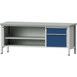ANKE Werkbank, Gestellbauweise Serie V, 1 Schublade 180 mm, 1 Schublade 360 mm, Stahlblechbelag, Volllauszug
