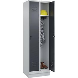 C+P Spind Classic PLUS, 2 Abteile, lichtgrau / grau, B 600 mm, mit Bodensockel, Drehriegel