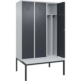 C+P Schwarz-Weiß-Spind Classic PLUS Sitzbank, schmal, 3 Abteile, Trennwand verkürzt, lichtgrau / grau, B 1200 mm, Zylinderschloss, untergebaut, Kunststoff