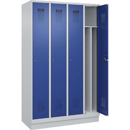 Schwarz-Weiß-Spind Evolo PLUS, schmal, 4 Abteile, Trennwand verkürzt, lichtgrau / enzianblau, B 1200 mm, mit Bodensockel, Zylinderschloss kaiserkraft
