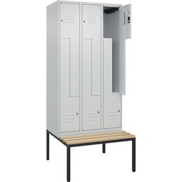 C+P Z-Spind Classic PLUS Sitzbank, 3 Abteile, lichtgrau, B 900 mm, Zylinderschloss, untergebaut, Buche-Hartholz