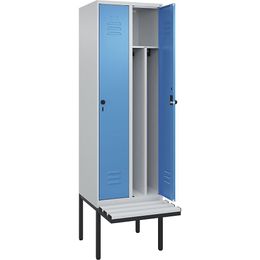 C+P Schwarz-Weiß-Spind Classic PLUS Sitzbank, schmal, 2 Abteile, Trennwand verkürzt, lichtgrau / lichtblau, B 600 mm, Sicherheits-Drehriegel, auskragend, Kunststoff