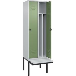 C+P Schwarz-Weiß-Spind Classic PLUS Sitzbank, schmal, 2 Abteile, Trennwand verkürzt, lichtgrau / resedagrün, B 600 mm, Sicherheits-Drehriegel, auskragend, Kunststoff