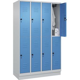 C+P Doppelstock-Spind Classic PLUS, 4 Abteile, lichtgrau / lichtblau, HxB 1950 x 1200 mm, mit Bodensockel, Drehriegel