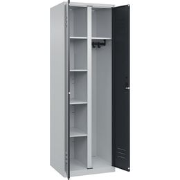C+P Putzmittelspind Classic PLUS, 1 Abteil, Trennwand mittig, lichtgrau / grau, B 600 mm, mit Bodengleitern, Zylinderschloss