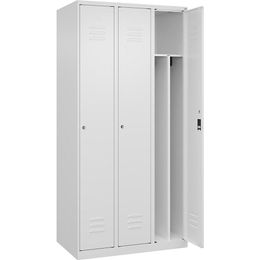 C+P Schwarz-Weiß-Spind Classic PLUS, schmal, 3 Abteile, Trennwand verkürzt, verkehrsweiß, B 900 mm, mit Bodengleitern, Zylinderschloss, Trennwand mittig