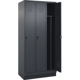 C+P Schwarz-Weiß-Spind Classic PLUS, schmal, 3 Abteile, Trennwand verkürzt, grau, B 900 mm, mit Bodensockel, Drehriegel, Trennwand mittig
