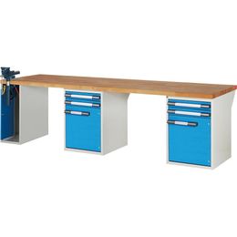 eurokraft pro Werkbank, Baukastensystem Serie 7000, 4 Schubladen, 2 Türen, 1 Schraubstock linksseitig, BxT 3000 x 900 mm