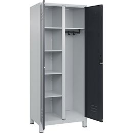 C+P Putzmittelspind Classic PLUS, 1 Abteil, Trennwand mittig, lichtgrau / grau, B 800 mm, mit Füßen, Drehriegel