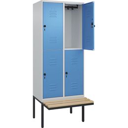C+P Doppelstock-Spind Classic PLUS Sitzbank, 2 Abteile, lichtgrau / lichtblau, B 800 mm, Sicherheits-Drehriegel, auskragend, Buche-Hartholz