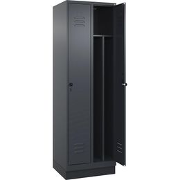 C+P Schwarz-Weiß-Spind Classic PLUS, schmal, 2 Abteile, Trennwand verkürzt, grau, B 600 mm, mit Bodensockel, Drehriegel, Trennwand mittig