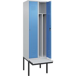 C+P Schwarz-Weiß-Spind Classic PLUS Sitzbank, schmal, 2 Abteile, Trennwand verkürzt, lichtgrau / lichtblau, B 600 mm, Zylinderschloss, auskragend, Kunststoff