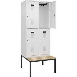 Doppelstock-Spind Evolo PLUS Sitzbank, 2 Abteile, weiß, B 800 mm, Zylinderschloss, mit untergebauter Sitzbank, Buche kaiserkraft