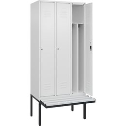 C+P Schwarz-Weiß-Spind Classic PLUS Sitzbank, schmal, 3 Abteile, Trennwand verkürzt, verkehrsweiß, B 900 mm, Zylinderschloss, auskragend, Kunststoff