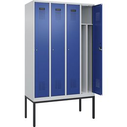 Schwarz-Weiß-Spind Evolo PLUS, schmal, 4 Abteile, Trennwand verkürzt, lichtgrau / enzianblau, B 1200 mm, mit schmalen Füßen, Zylinderschloss kaiserkraft