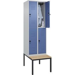 C+P Doppelstock-Spind Classic PLUS Sitzbank, 2 Abteile, lichtgrau / fernblau, B 600 mm, Sicherheits-Drehriegel, untergebaut, Buche-Hartholz