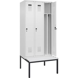 Schwarz-Weiß-Spind Evolo PLUS Sitzbank, schmal, 3 Abteile, Trennwand verkürzt, weiß, B 900 mm, Sicherheits-Drehriegel, mit untergebauter Sitzbank, Kunststoff kaiserkraft