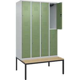 C+P Doppelstock-Spind Classic PLUS Sitzbank, 4 Abteile, lichtgrau / resedagrün, B 1200 mm, Zylinderschloss, untergebaut, Buche-Hartholz