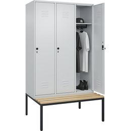 C+P Spind Classic PLUS Sitzbank, 3 Abteile, lichtgrau, B 1200 mm, Sicherheits-Drehriegel, untergebaut, Buche-Hartholz