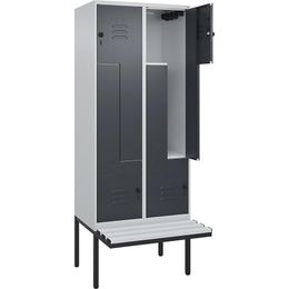 C+P Z-Spind Classic PLUS Sitzbank, 2 Abteile, lichtgrau / grau, B 800 mm, Sicherheits-Drehriegel, auskragend, Kunststoff