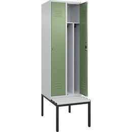 C+P Schwarz-Weiß-Spind Classic PLUS Sitzbank, schmal, 2 Abteile, Trennwand verkürzt, lichtgrau / resedagrün, B 600 mm, Zylinderschloss, untergebaut, Kunststoff