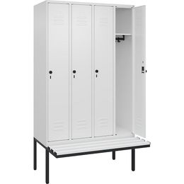 C+P Spind Classic PLUS Sitzbank, 4 Abteile, verkehrsweiß, B 1200 mm, Sicherheits-Drehriegel, auskragend, Kunststoff