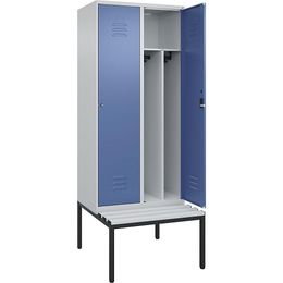C+P Schwarz-Weiß-Spind Classic PLUS Sitzbank, schmal, 2 Abteile, Trennwand verkürzt, lichtgrau / fernblau, B 800 mm, Zylinderschloss, untergebaut, Kunststoff